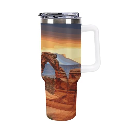LLUTSNTH 40 Oz Vacuum Tumbler with White Handle Leakproof Insulated Tumbler Arches National Park Stainless Steel Travel Mug with Lid And Straw Coffee Cup Cute Water Bottles Cup Holder Friendly