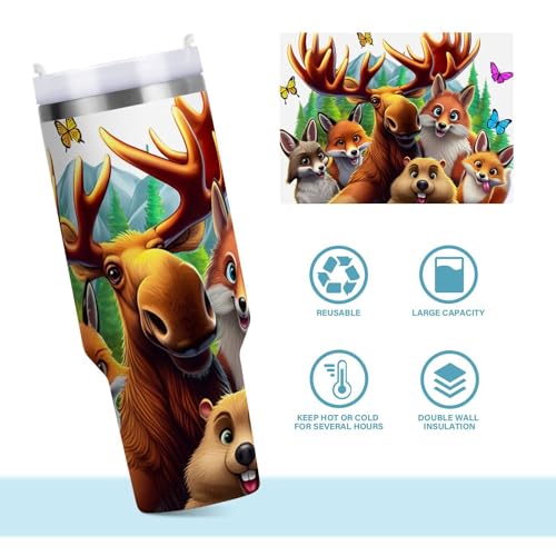 RPLIFE Animals Taking Selfie 40oz Tumbler with Handle, Stainless Steel Cups with Lid, Coffee Tumbler