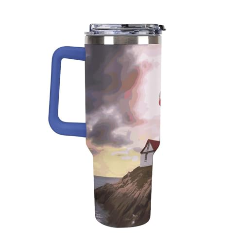 LLUTSNTH 40 Oz Vacuum Tumbler with Deep Blue Handle Leakproof Insulated Tumbler Lighthouse Stainless Steel Travel Mug with Lid And Straw Coffee Cup Cute Water Bottles Cup Holder Friendly