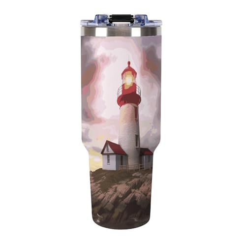 LLUTSNTH 40 Oz Vacuum Tumbler with Deep Blue Handle Leakproof Insulated Tumbler Lighthouse Stainless Steel Travel Mug with Lid And Straw Coffee Cup Cute Water Bottles Cup Holder Friendly