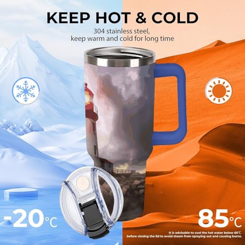 LLUTSNTH 40 Oz Vacuum Tumbler with Deep Blue Handle Leakproof Insulated Tumbler Lighthouse Stainless Steel Travel Mug with Lid And Straw Coffee Cup Cute Water Bottles Cup Holder Friendly