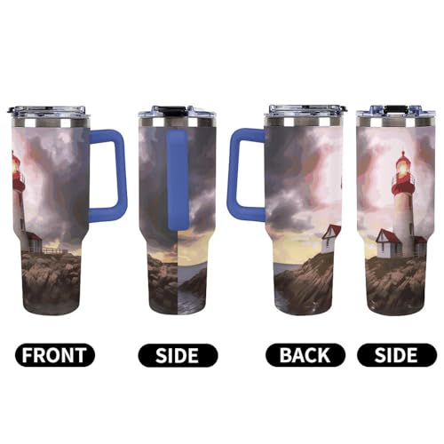 LLUTSNTH 40 Oz Vacuum Tumbler with Deep Blue Handle Leakproof Insulated Tumbler Lighthouse Stainless Steel Travel Mug with Lid And Straw Coffee Cup Cute Water Bottles Cup Holder Friendly