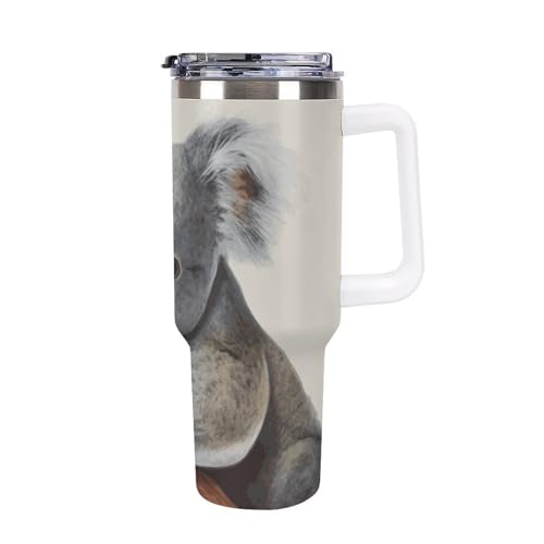 LLUTSNTH 40 Oz Vacuum Tumbler with White Handle Leakproof Insulated Tumbler Koala And Butterfly Stainless Steel Travel Mug with Lid And Straw Coffee Cup Cute Water Bottles Cup Holder Friendly