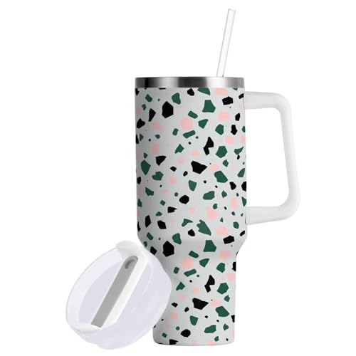 RPLIFE Trendy Terrazzo Dots Tumbler with Handle and Straw, Stainless Steel Bottle, Insulated Cups with Lids, Tumblers for Women