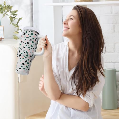 RPLIFE Trendy Terrazzo Dots Tumbler with Handle and Straw, Stainless Steel Bottle, Insulated Cups with Lids, Tumblers for Women
