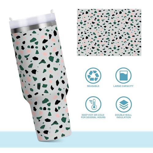 RPLIFE Trendy Terrazzo Dots Tumbler with Handle and Straw, Stainless Steel Bottle, Insulated Cups with Lids, Tumblers for Women
