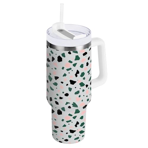 RPLIFE Trendy Terrazzo Dots Tumbler with Handle and Straw, Stainless Steel Bottle, Insulated Cups with Lids, Tumblers for Women