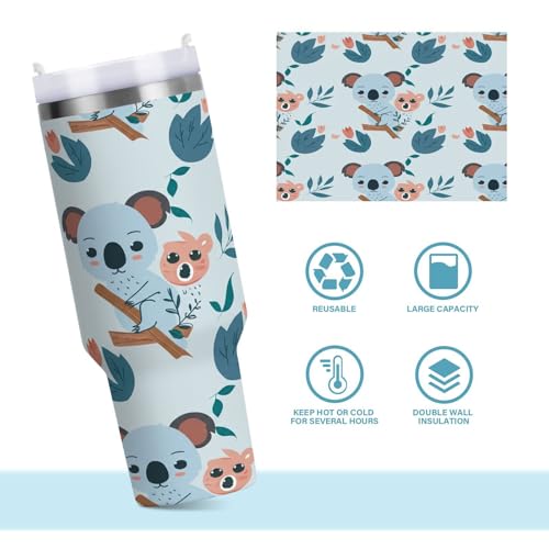 RPLIFE Cute Koalas Blue 40oz Tumbler with Handle, Stainless Steel Tumbler with Straw, Tumbler for Men