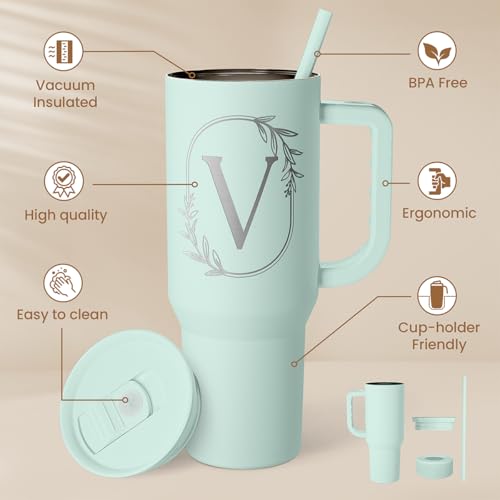 SANDJEST Stainless Steel Tumbler 40oz with Handle Initial V and Canvas Tote Bag