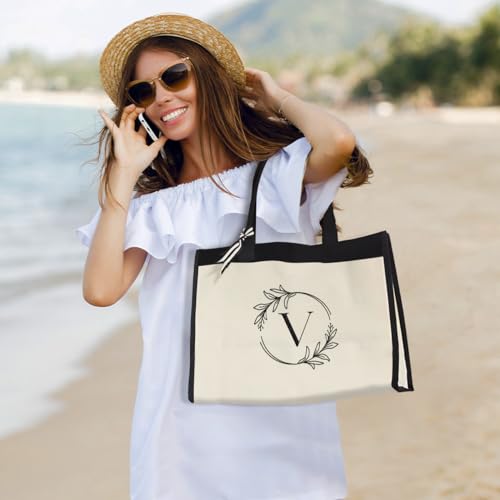 SANDJEST Stainless Steel Tumbler 40oz with Handle Initial V and Canvas Tote Bag