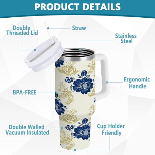 RPLIFE Blue and White Floral Tumbler Cup, Stainless Water Bottle, Water Tumbler with Straw