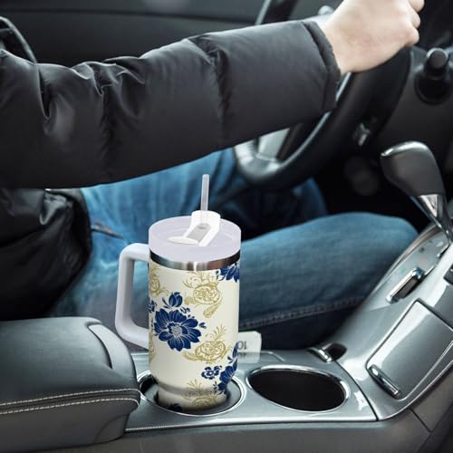 RPLIFE Blue and White Floral Tumbler Cup, Stainless Water Bottle, Water Tumbler with Straw