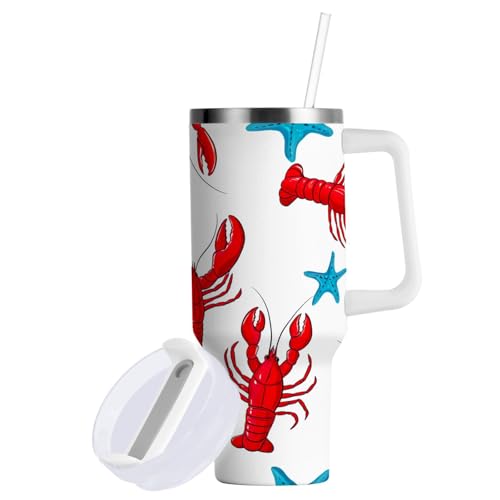 RPLIFE Playful Lobsters Starfish White Tumbler with Handle and Straw, Stainless Steel Coffee Cup, Insulated Coffee Mug with Lid, Tumbler for Men