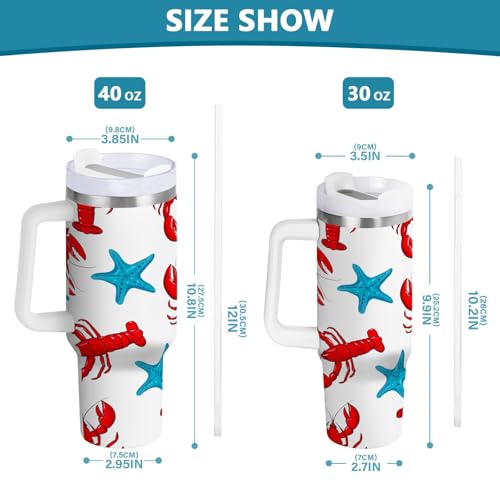 RPLIFE Playful Lobsters Starfish White Tumbler with Handle and Straw, Stainless Steel Coffee Cup, Insulated Coffee Mug with Lid, Tumbler for Men