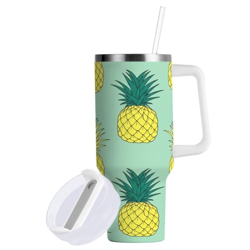 RPLIFE Bright Pineapple Print Light Green 40 Oz Tumbler with Handle, Stainless Steel Cups with Lid, Coffee Tumbler for Women