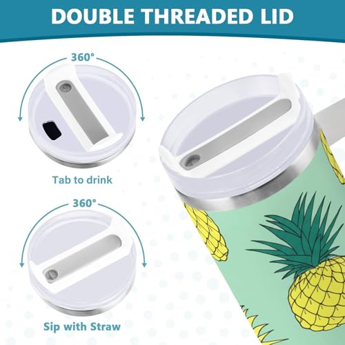 RPLIFE Bright Pineapple Print Light Green 40 Oz Tumbler with Handle, Stainless Steel Cups with Lid, Coffee Tumbler for Women