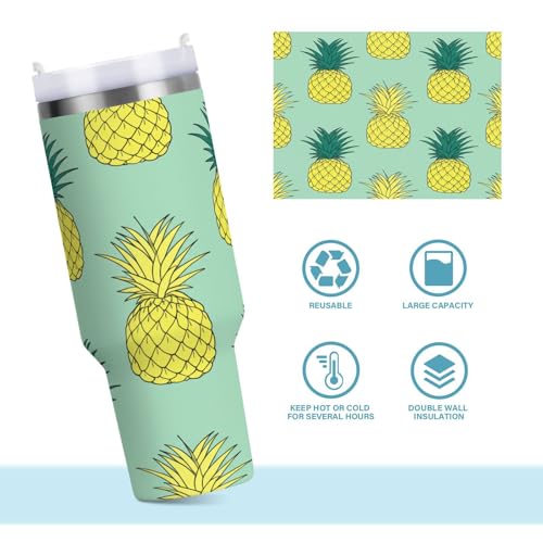 RPLIFE Bright Pineapple Print Light Green 40 Oz Tumbler with Handle, Stainless Steel Cups with Lid, Coffee Tumbler for Women
