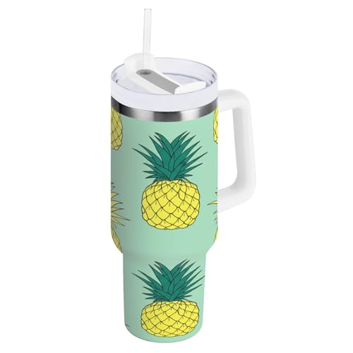 RPLIFE Bright Pineapple Print Light Green 40 Oz Tumbler with Handle, Stainless Steel Cups with Lid, Coffee Tumbler for Women