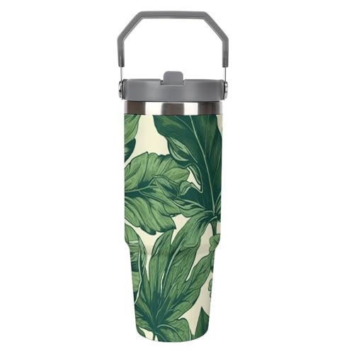 WITHSBKK 30oz Car Cup Green Foliage Botanical Printed with Portable, Stainless Steel Travel Mug, Vacuum Insulated Tumbler And Straw, Leakproof for Car & Outdoor, UV Printed Design