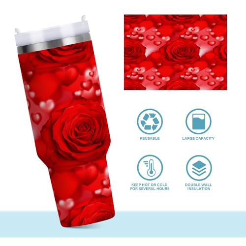 RPLIFE Roses Red 40oz Tumbler with Handle, Stainless Steel Tumbler with Straw, Coffee Tumbler