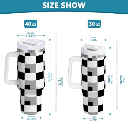 RPLIFE Black and White Checkerboard 40 Oz Tumbler with Handle, Stainless Water Bottle, Insulated Tumbler with Straw