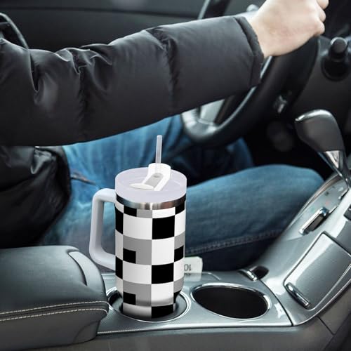 RPLIFE Black and White Checkerboard 40 Oz Tumbler with Handle, Stainless Water Bottle, Insulated Tumbler with Straw