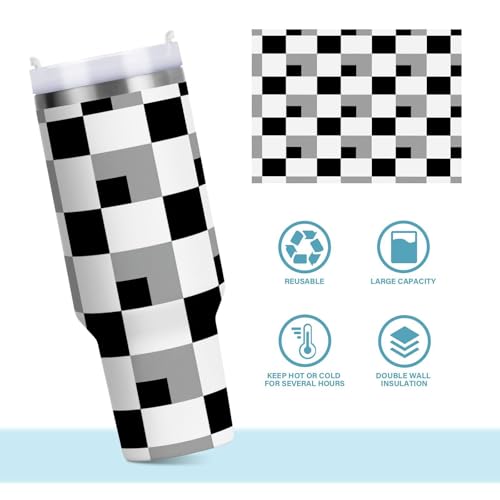 RPLIFE Black and White Checkerboard 40 Oz Tumbler with Handle, Stainless Water Bottle, Insulated Tumbler with Straw