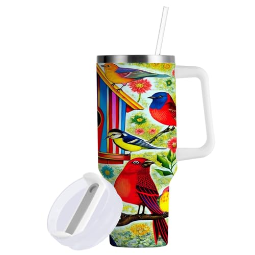 RPLIFE Colorful Birds 40 Oz Tumbler with Handle, Stainless Steel Cup, Insulated Water Bottle with Straw