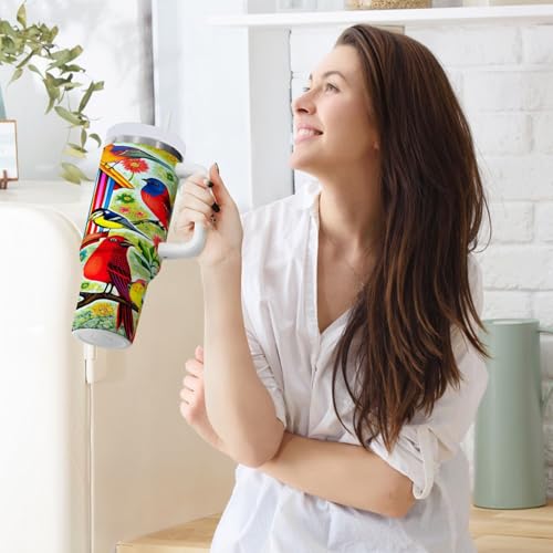 RPLIFE Colorful Birds 40 Oz Tumbler with Handle, Stainless Steel Cup, Insulated Water Bottle with Straw