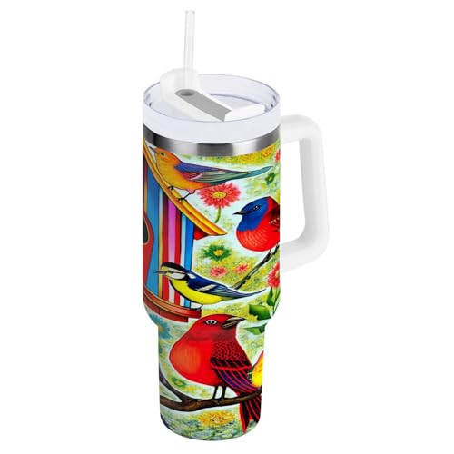 RPLIFE Colorful Birds 40 Oz Tumbler with Handle, Stainless Steel Cup, Insulated Water Bottle with Straw