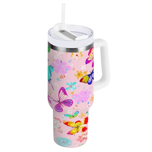 RPLIFE Colorful Butterfly Garden Pink 40oz Tumbler with Handle, Stainless Steel Cups with Lid, Tumbler for Men