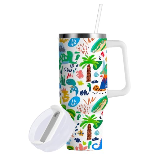 RPLIFE Dino Doodle Collection 40oz Tumbler with Handle, Stainless Steel Coffee Cup, Insulated Water Bottle with Straw