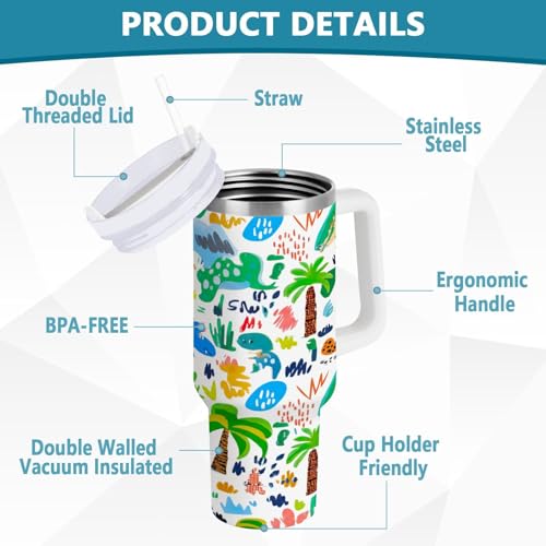 RPLIFE Dino Doodle Collection 40oz Tumbler with Handle, Stainless Steel Coffee Cup, Insulated Water Bottle with Straw