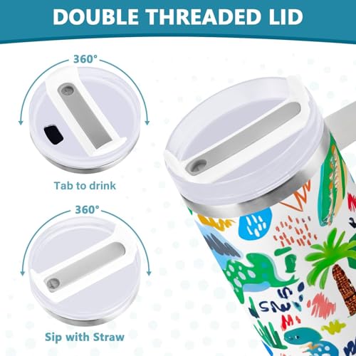 RPLIFE Dino Doodle Collection 40oz Tumbler with Handle, Stainless Steel Coffee Cup, Insulated Water Bottle with Straw