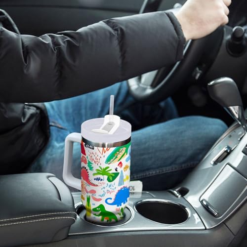 RPLIFE Dino Doodle Collection 40oz Tumbler with Handle, Stainless Steel Coffee Cup, Insulated Water Bottle with Straw