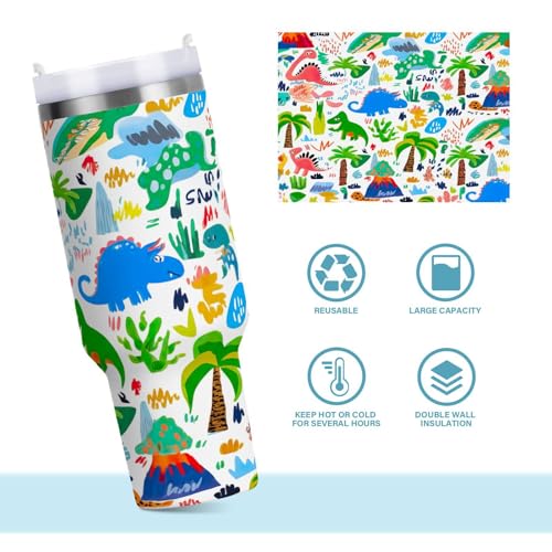 RPLIFE Dino Doodle Collection 40oz Tumbler with Handle, Stainless Steel Coffee Cup, Insulated Water Bottle with Straw