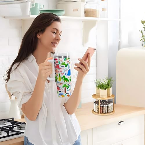 RPLIFE Dino Doodle Collection 40oz Tumbler with Handle, Stainless Steel Coffee Cup, Insulated Water Bottle with Straw