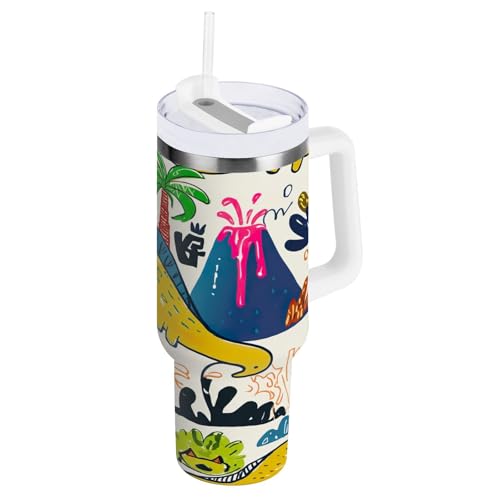 RPLIFE Cute Colorful Dinosaurs Coffee Tumbler with Handle, Stainless Steel Mug, Straw Water Bottle