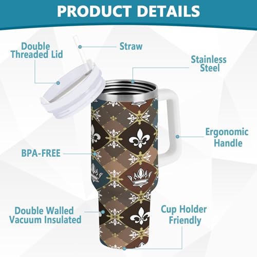 RPLIFE Ornate Crowns and Fleur De 40 Oz Tumbler with Handle and Straw, Stainless Steel Tumbler with Straw, Coffee Tumbler