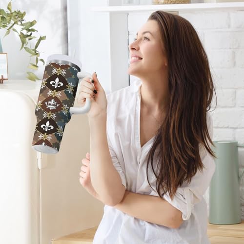 RPLIFE Ornate Crowns and Fleur De 40 Oz Tumbler with Handle and Straw, Stainless Steel Tumbler with Straw, Coffee Tumbler