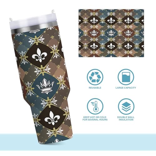 RPLIFE Ornate Crowns and Fleur De 40 Oz Tumbler with Handle and Straw, Stainless Steel Tumbler with Straw, Coffee Tumbler