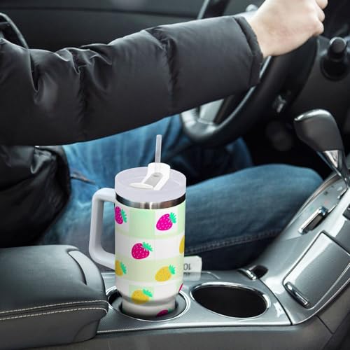 RPLIFE Yellow Pink Strawberry Stripes Tumbler Cup, Stainless Steel Bottle, Straw Water Bottle