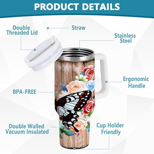 Rustic Butterfly Floral 40 Oz Tumbler with Handle and Straw, Stainless Steel Coffee Mug, Insulated Coffee Cups with Lids
