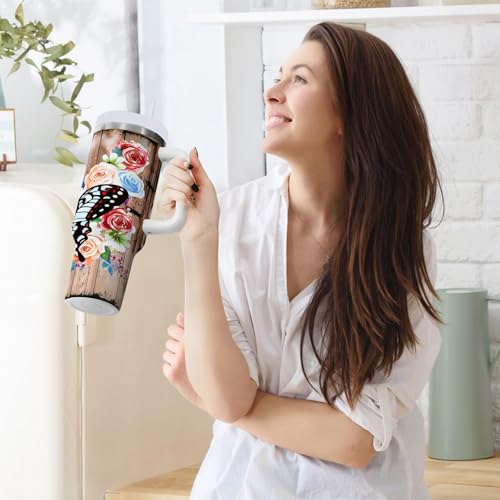 Rustic Butterfly Floral 40 Oz Tumbler with Handle and Straw, Stainless Steel Coffee Mug, Insulated Coffee Cups with Lids