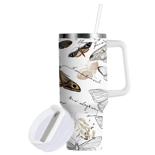 RPLIFE Various Insects White Tumbler with Handle and Straw, Stainless Steel Cup, Insulated Cup with Straw, Coffee Tumbler for Women