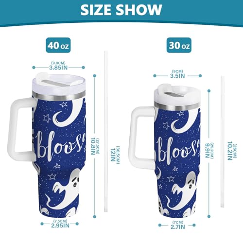 RPLIFE Whimsical Ghosts Deep Blue Stainless Steel Mug, Insulated Water Bottle with Straw, Tumblers for Women