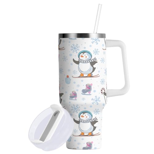 RPLIFE Cute Penguins White Travel Coffee Tumbler, Stainless Steel Cup, Water Cup with Straw and Lid