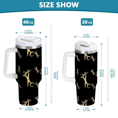 RPLIFE Elegant Cartoon Golden Scissors Black 40 Oz Tumbler with Handle, 30 Oz Tumbler, Tumbler for Men