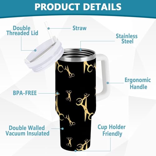 RPLIFE Elegant Cartoon Golden Scissors Black 40 Oz Tumbler with Handle, 30 Oz Tumbler, Tumbler for Men