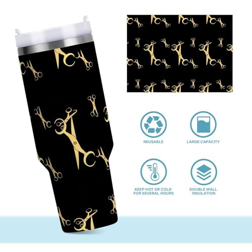 RPLIFE Elegant Cartoon Golden Scissors Black 40 Oz Tumbler with Handle, 30 Oz Tumbler, Tumbler for Men